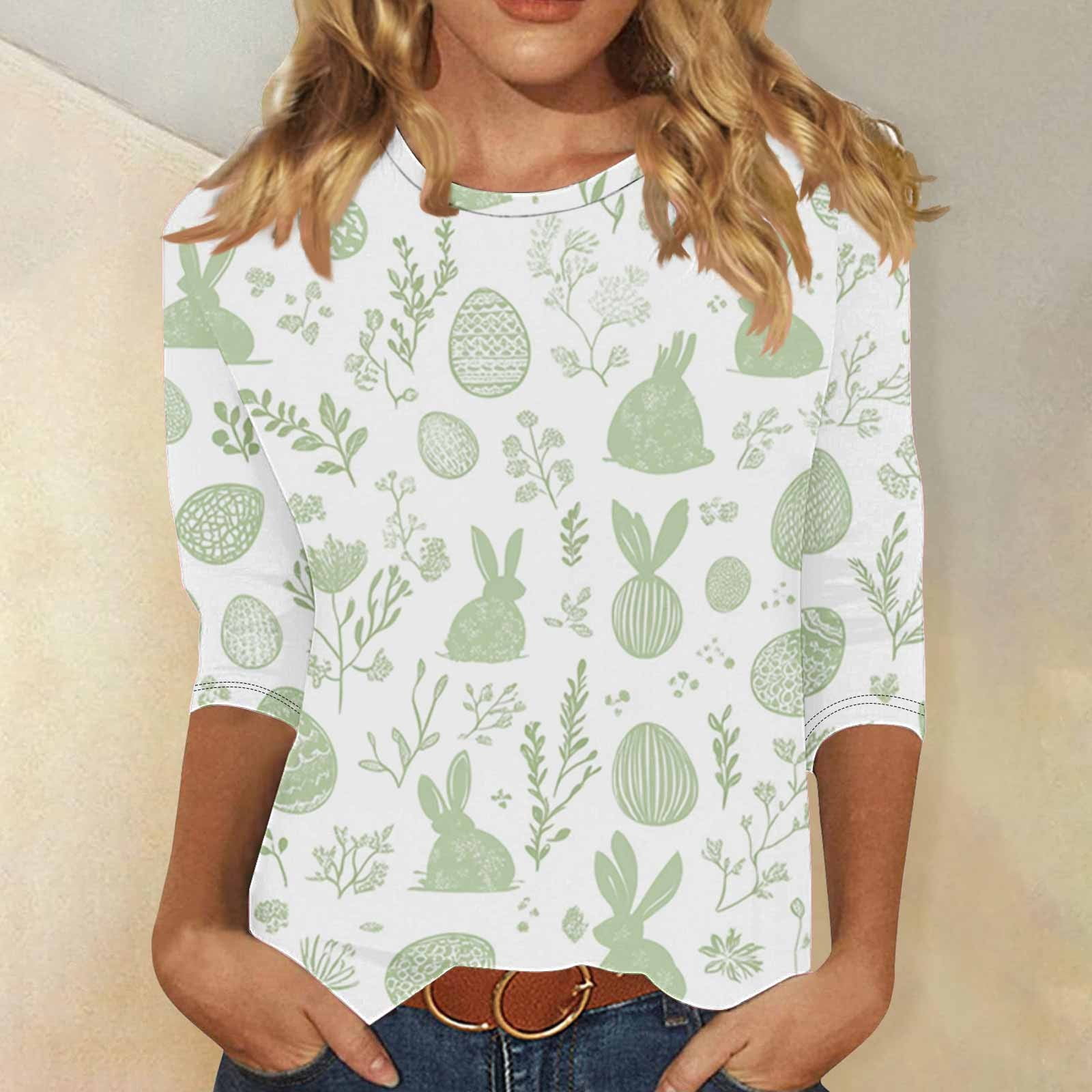 ClodeEU Womens 3/4 Sleeve Round Neck Easter Print T-Shirt Top ,Casual ...