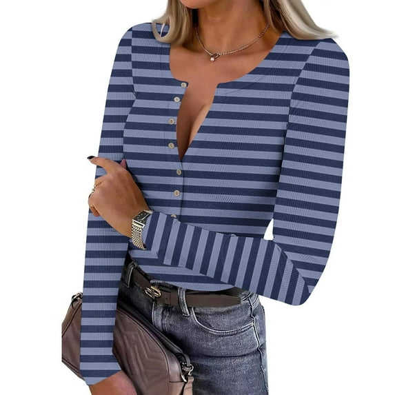 ClodeEU Womens Button V Neck Striped Tshirt ,Long Sleeve Slim Fit T ...