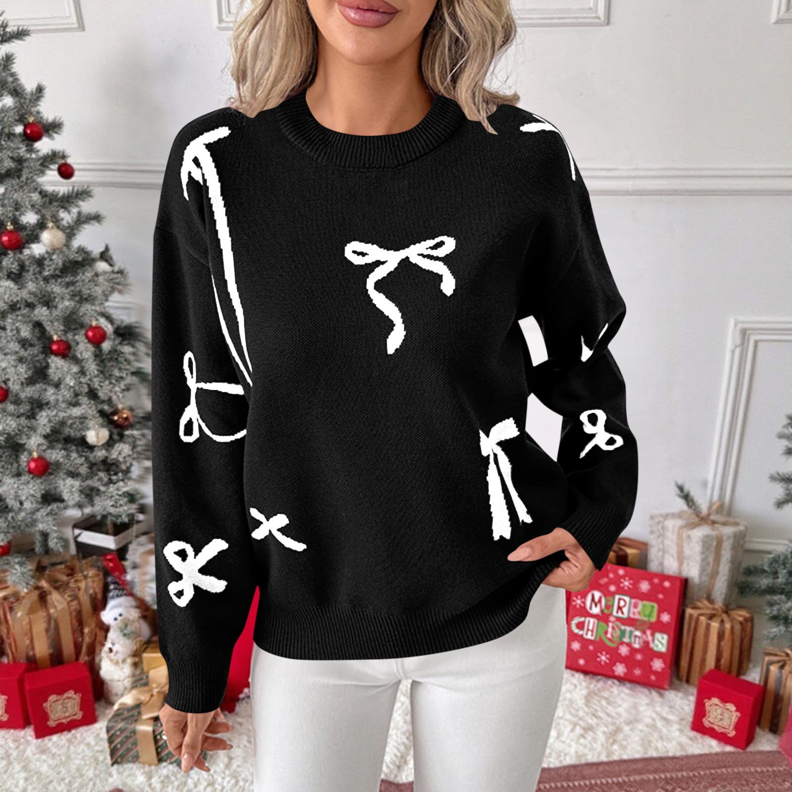 ClodeEU Womens Christmas Cute Bow Long Sleeve Sweaters,Loose Crewneck ...