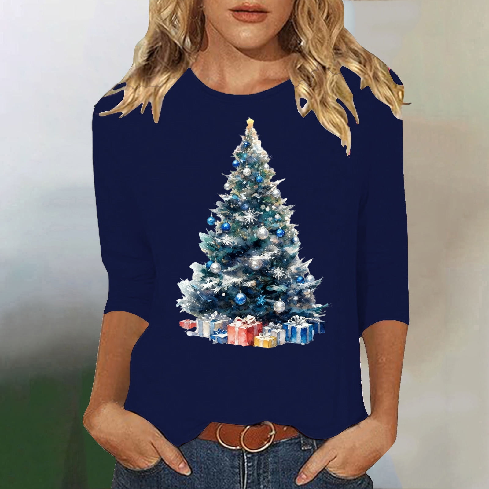 ClodeEU Womens Christmas Print Round Neck 3/4 Sleeve T Shirt ,Fashion ...