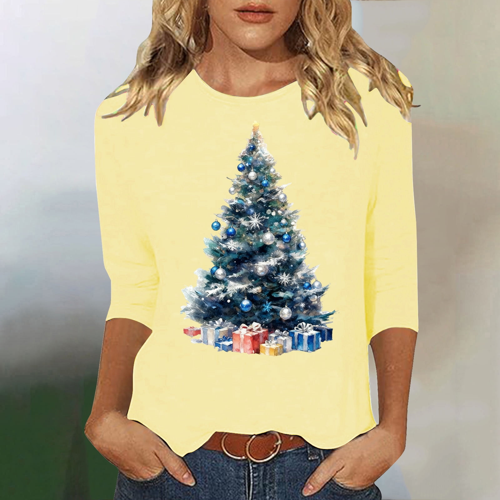 ClodeEU Womens Christmas Print Round Neck 3/4 Sleeve T Shirt ,Fashion ...