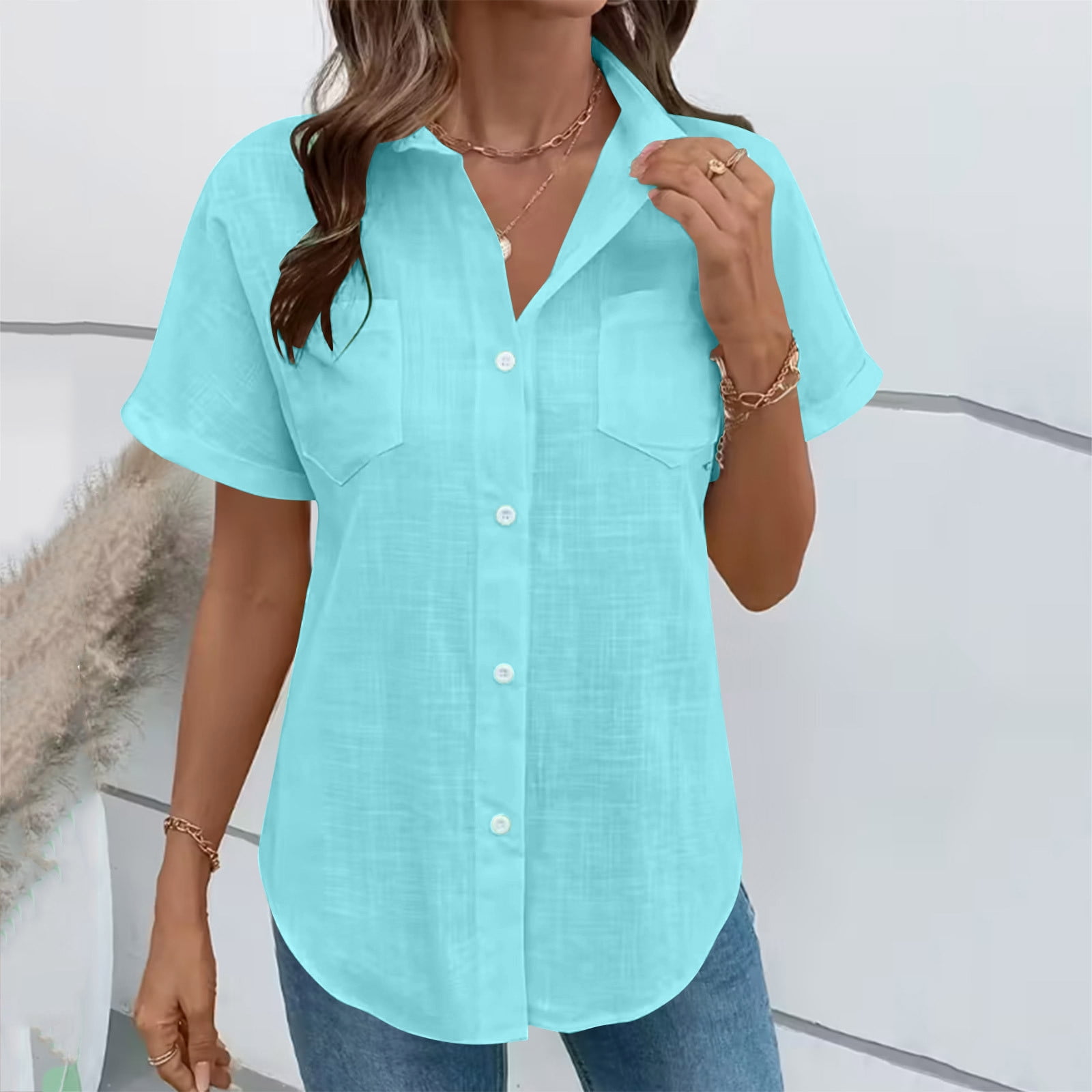 ClodeEU Womens Cotton Linen Button Down Short Sleeve Collared Shirts ...