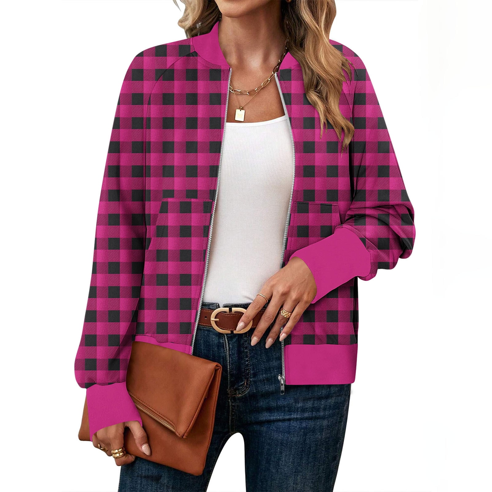 ClodeEU Womens Cropped Plaid Jacket,Long Sleeve Zip Up Jacket With ...