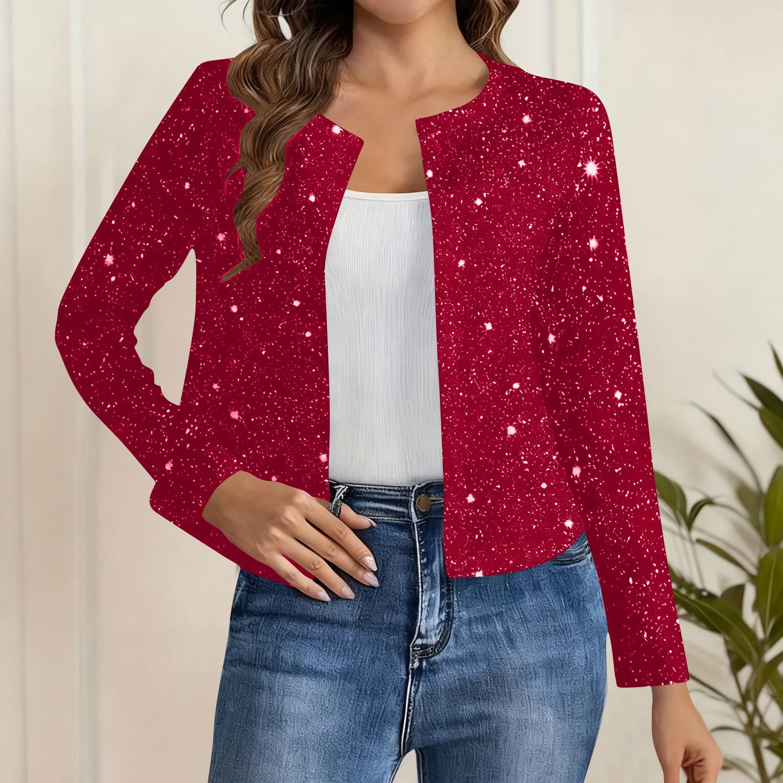 ClodeEU Womens Cropped Sequin Jacket, Short Trendy Sparkle Long Sleeve ...