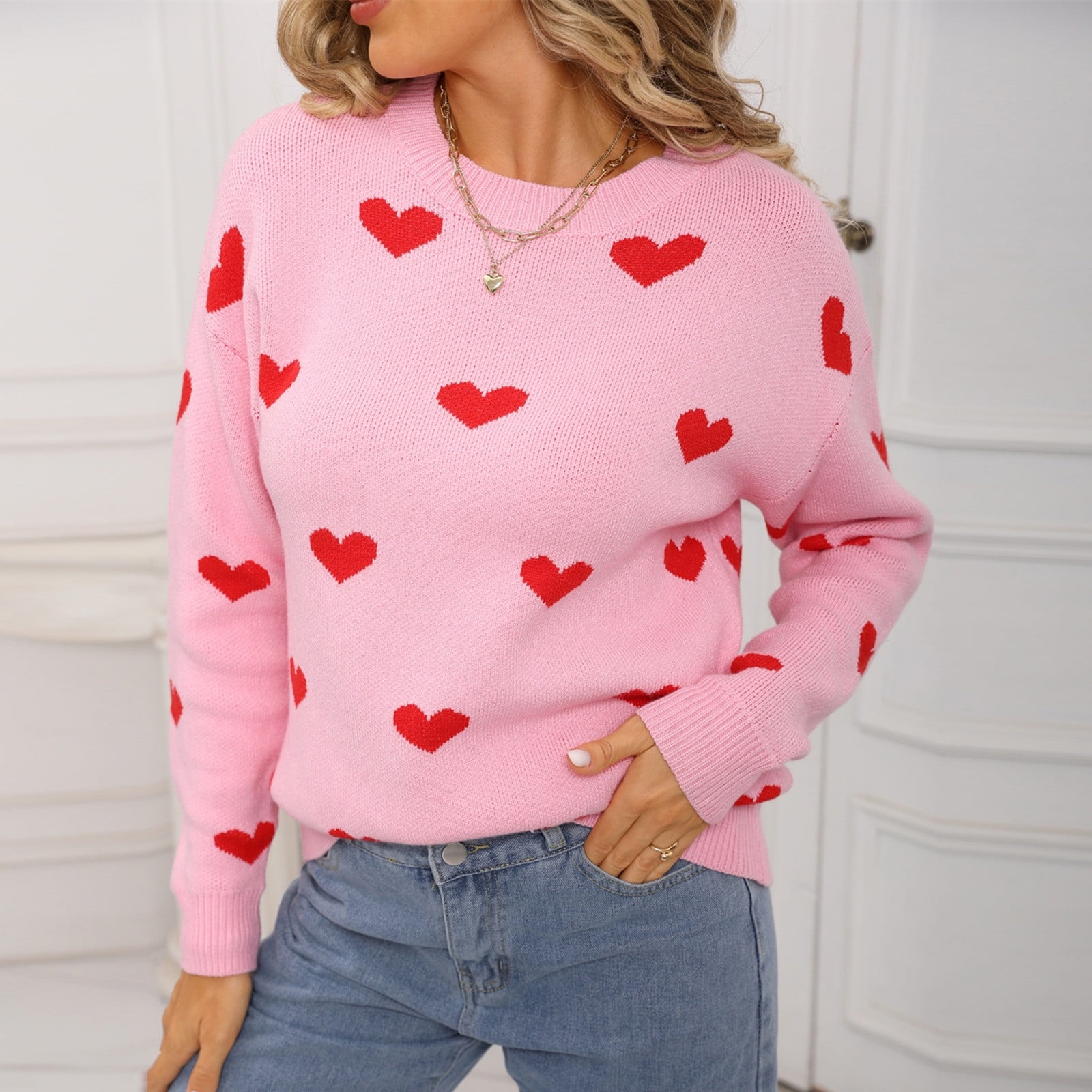 ClodeEU Womens Fall Cute Heart Print Sweater ,Long Sleeve Crewneck ...