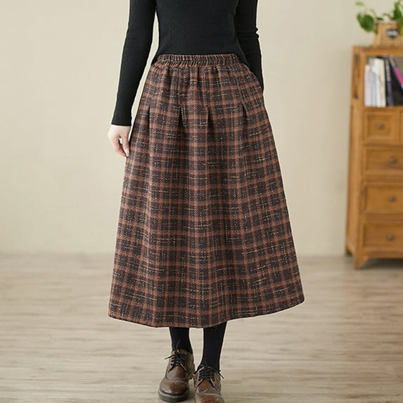 ClodeEU Womens Fall Winter Warm Plaid Wool Skirt ,High Elastic Waist A ...