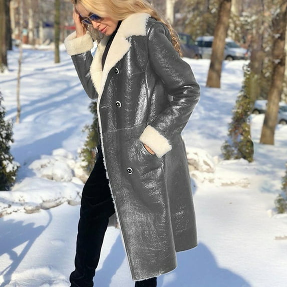 ClodeEU Womens Mid Long Fleece Lined Faux Leather Coat With Pockets ...