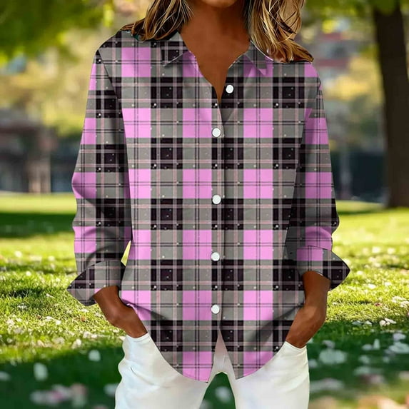 ClodeEU Womens Plaid Print Shirts , Long Sleeve Button Down ,Loose Fit ...