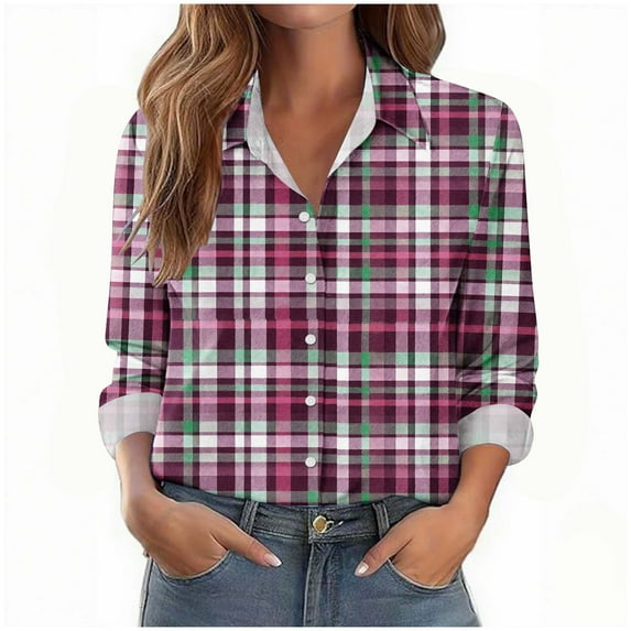 ClodeEU Womens Plaid Shirt,Lapel Lightweight Button Long Sleeve ...