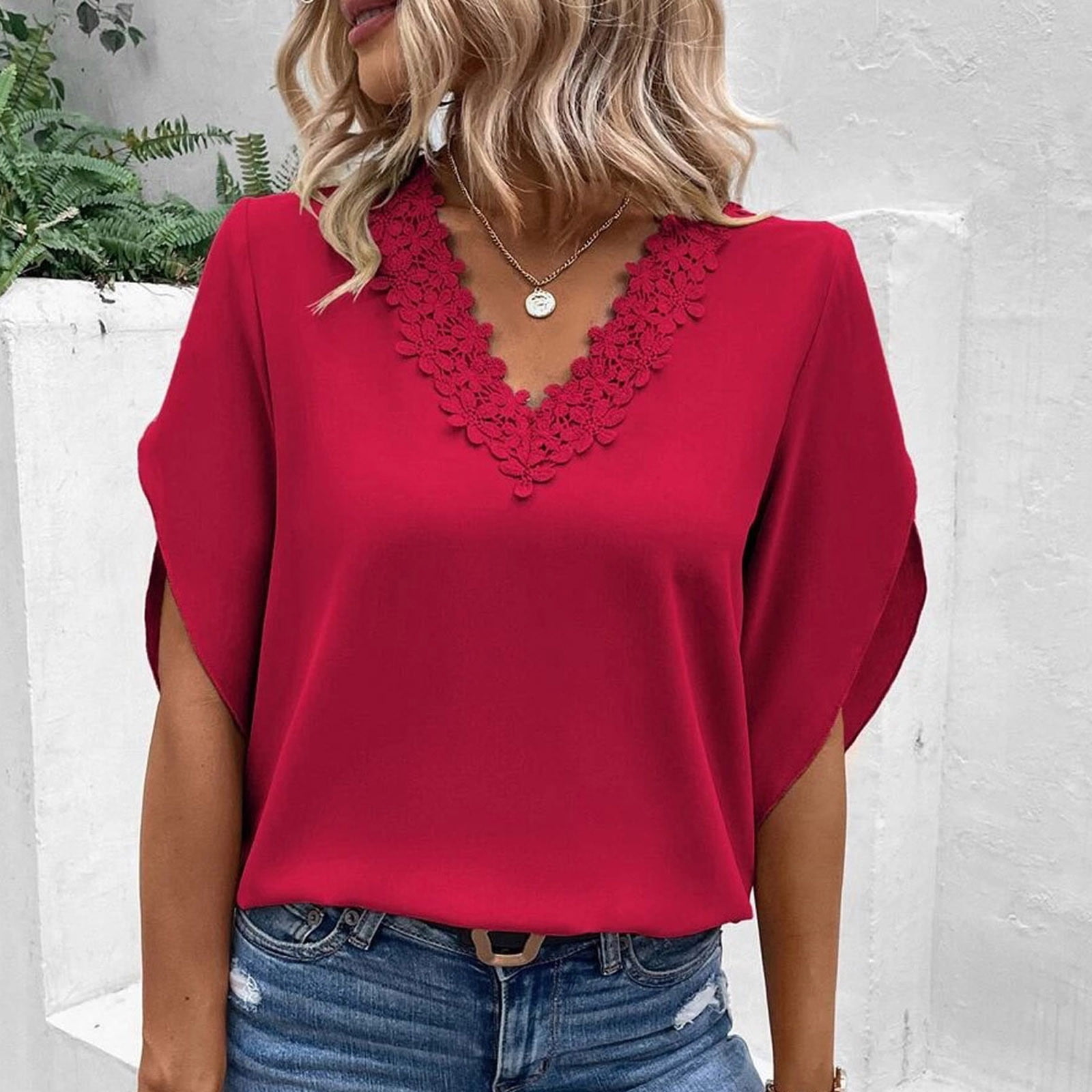 ClodeEU Womens Plus Size Lace V-Neck Bell Sleeve Top,Casual 3/4 Ruffled ...