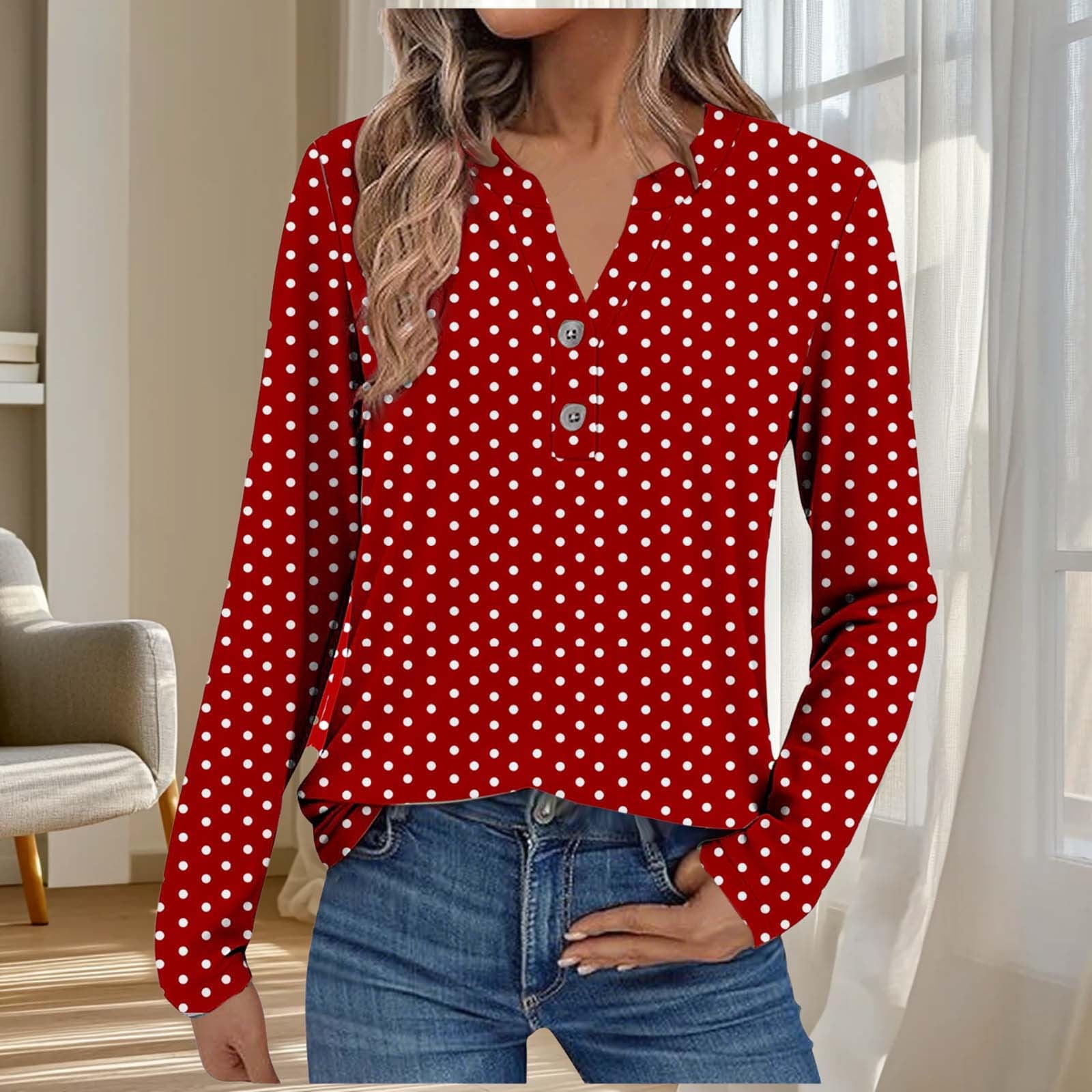ClodeEU Womens Polka Dot Print V Neck Button Long Sleeve T Shirt,Trendy ...