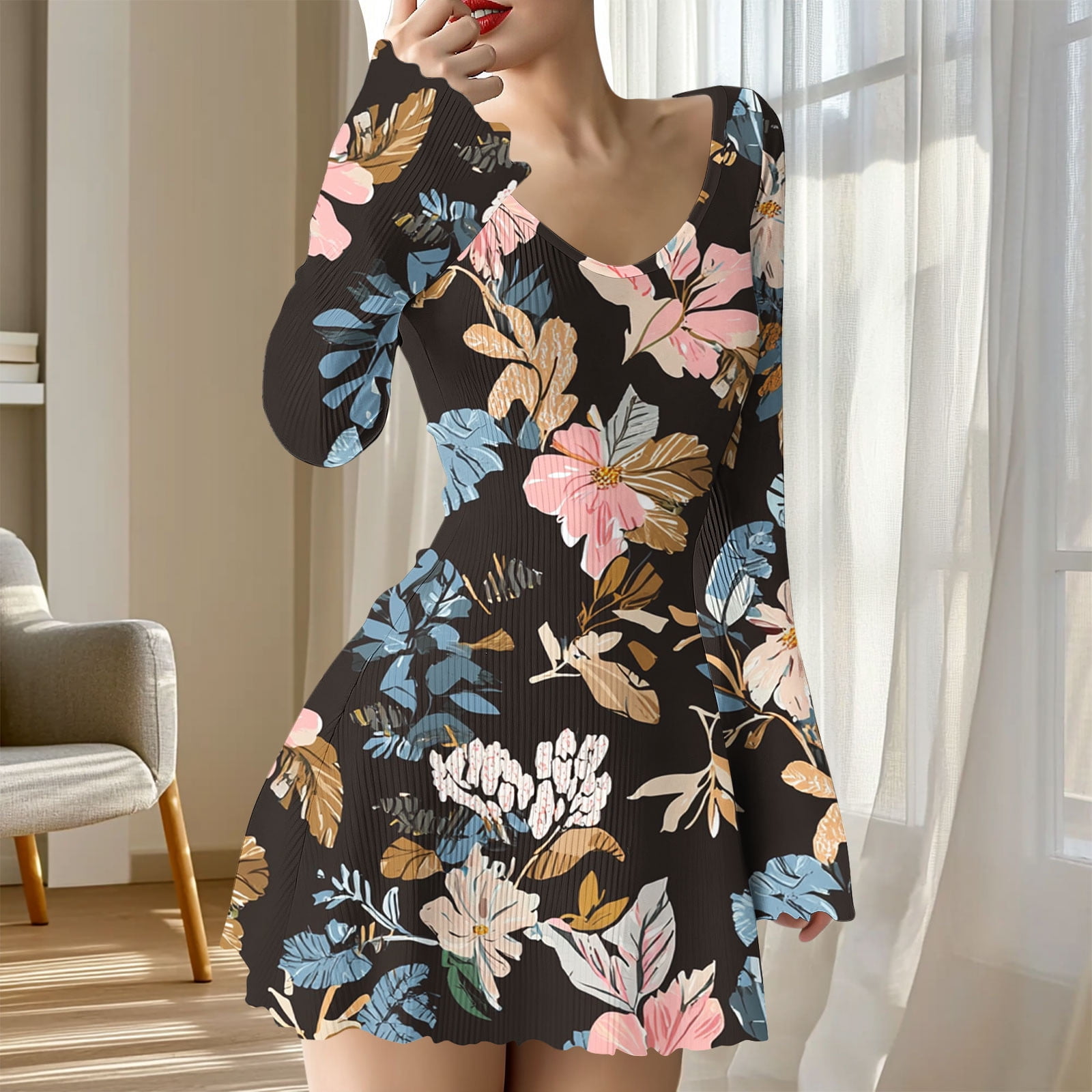 ClodeEU Womens Print V-Neck Stretch Mini Dress with Bell Sleeve，Casual ...