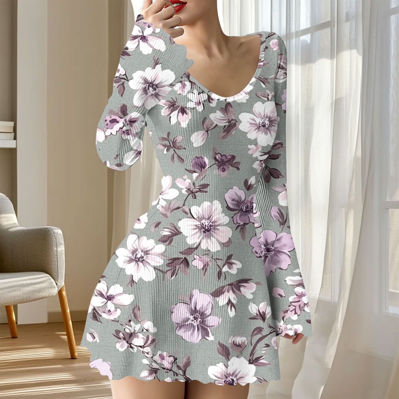 ClodeEU Womens Print V-Neck Stretch Mini Dress with Bell Sleeve，Casual ...