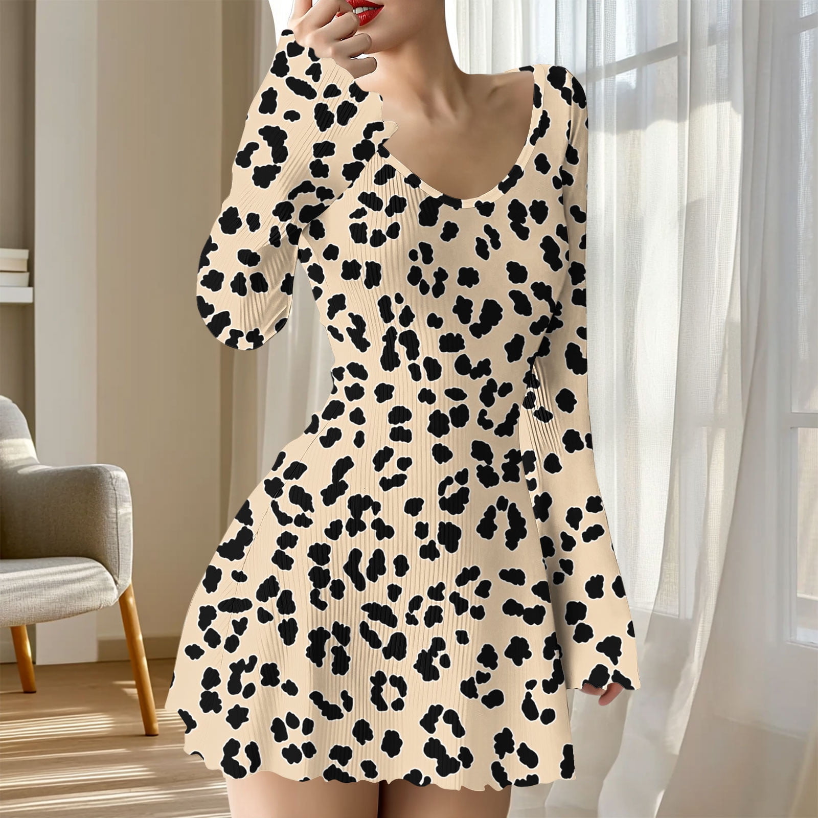 ClodeEU Womens Print V-Neck Stretch Mini Dress with Bell Sleeve，Casual ...