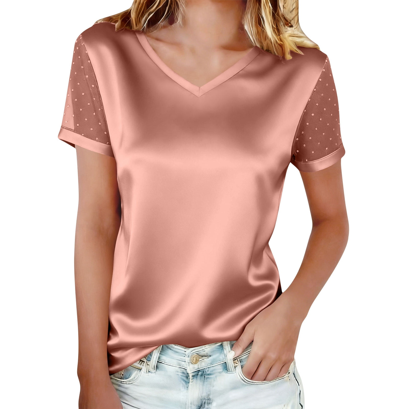 ClodeEU Womens Satin V Neck Mesh Glitter Puff Sleeve T-Shirt ,Casual ...