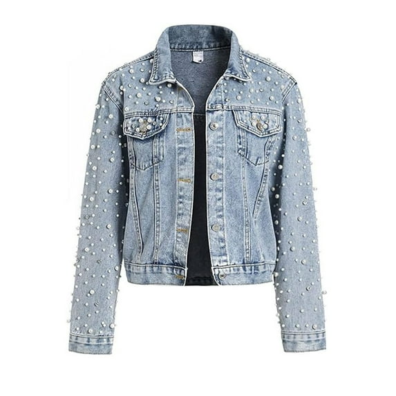 ClodeEU Womens Short Crystal-Embellished Denim Jacket,Button Long ...