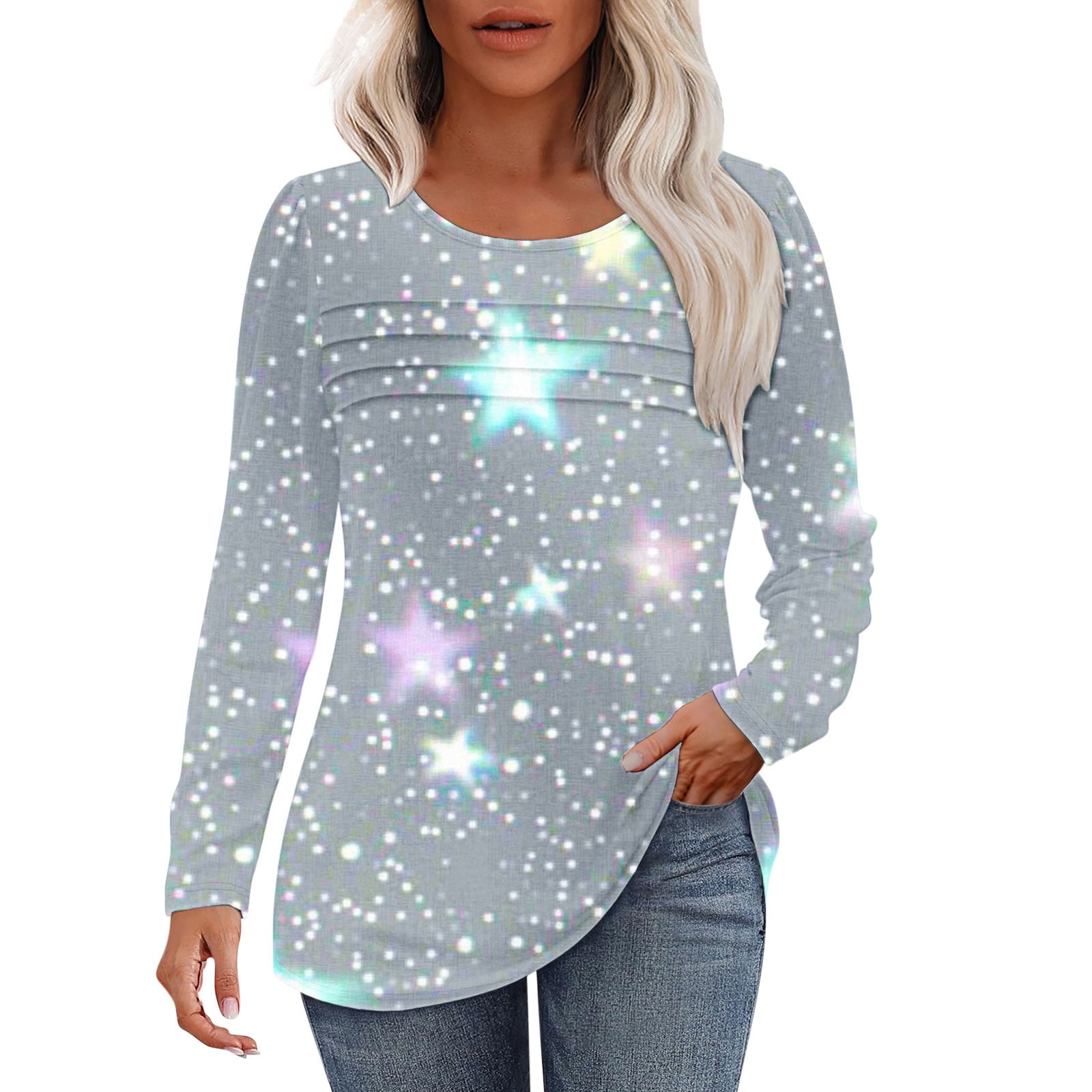 ClodeEU Womens Spring Summer Crew Neck Long Sleeve Floral Print Shimmer ...