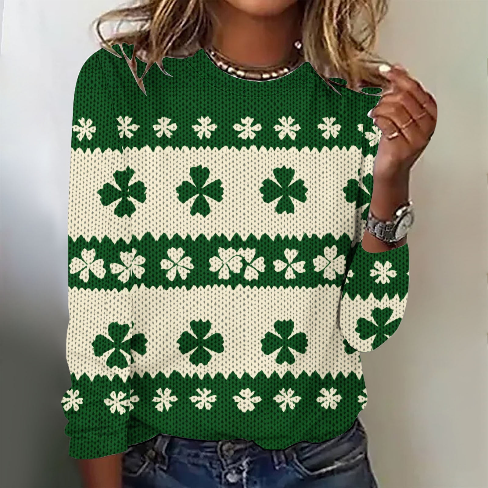 ClodeEU Womens St. Patrick's Clover Print Irish Pullover ,Long Sleeve ...
