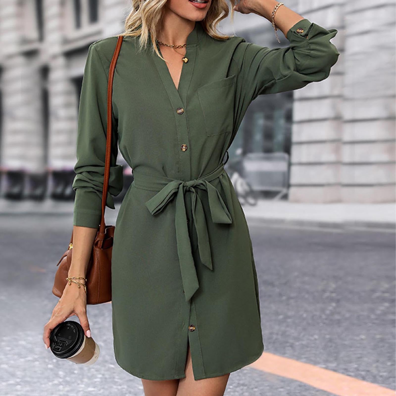 ClodeEU Womens V Neck Long Sleeve Button Shirt Dress with Belt, Fall ...