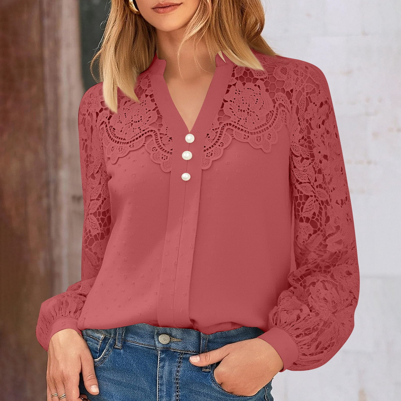 ClodeEU Womens V Neck Long Sleeve Lace Trim Top,Button Down Elegant ...