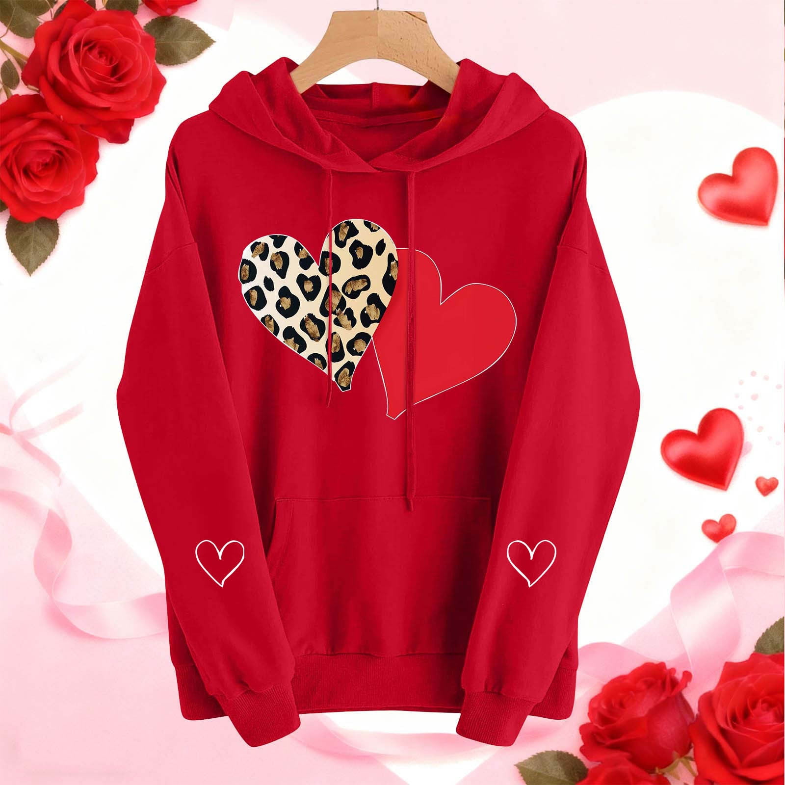 ClodeEU Womens Valentine's Day Heart-Print Hooded with Drawstring ,Long ...