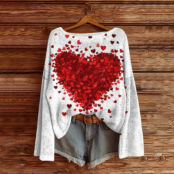ClodeEU Womens Valentine's Day Sweaters With Heart Print ,Long Sleeve ...