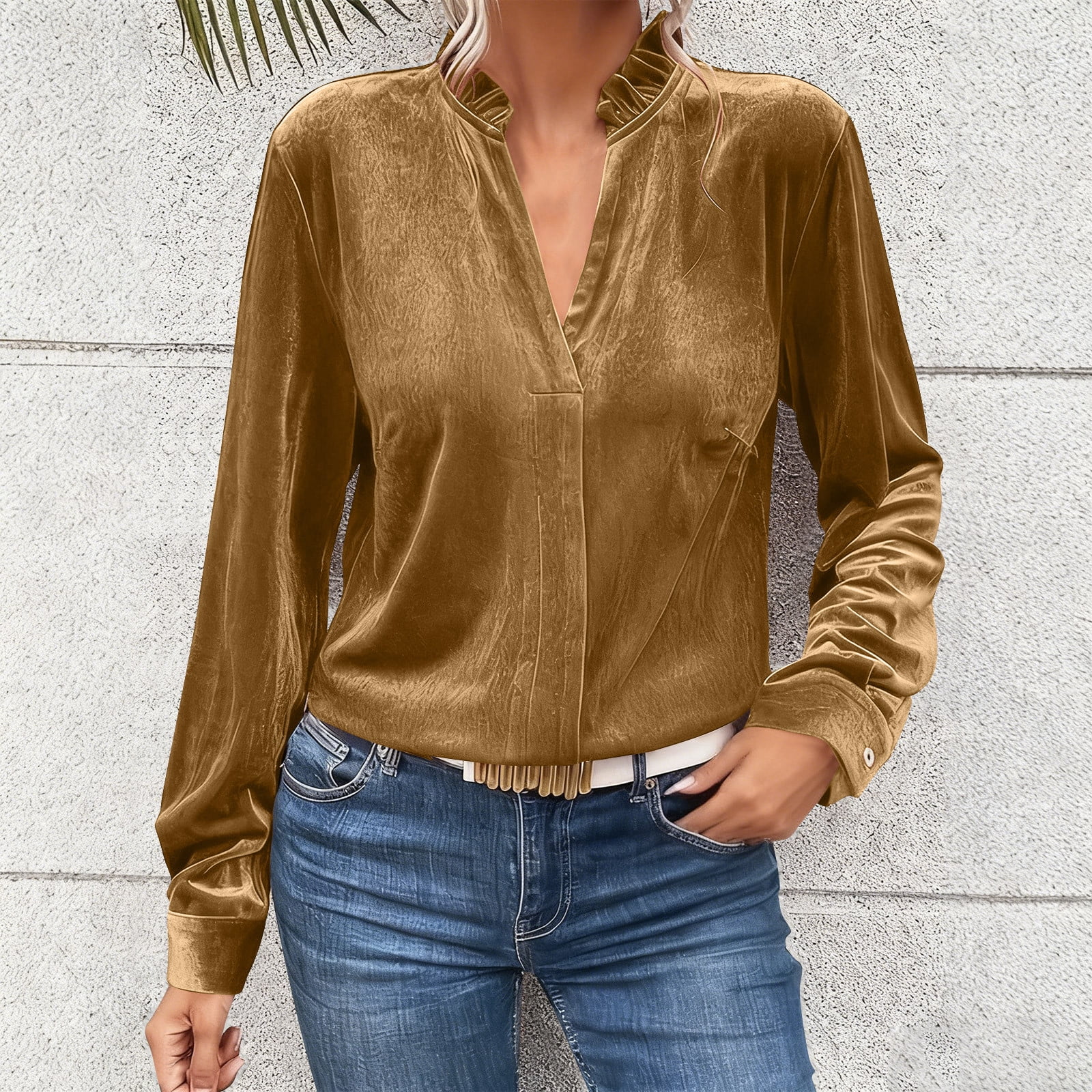 ClodeEU Womens Velvet V Neck Long Sleeve Tops ,Business Casual Loose ...