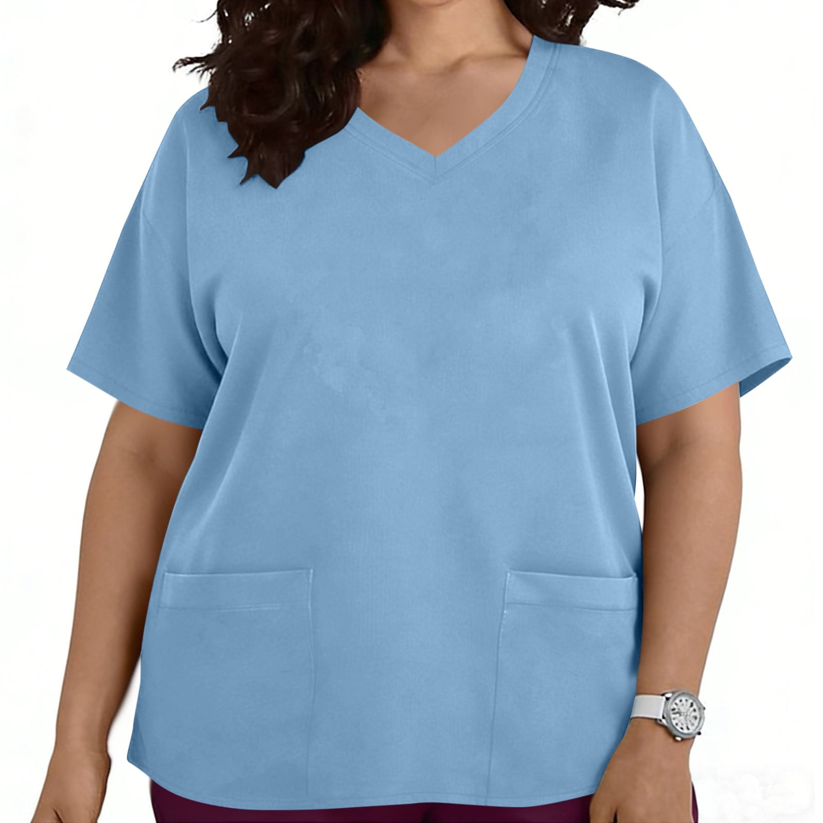ClodeEU Womens's Plus Size Solid V-Neck Short Sleeve Pocket Scrub T ...