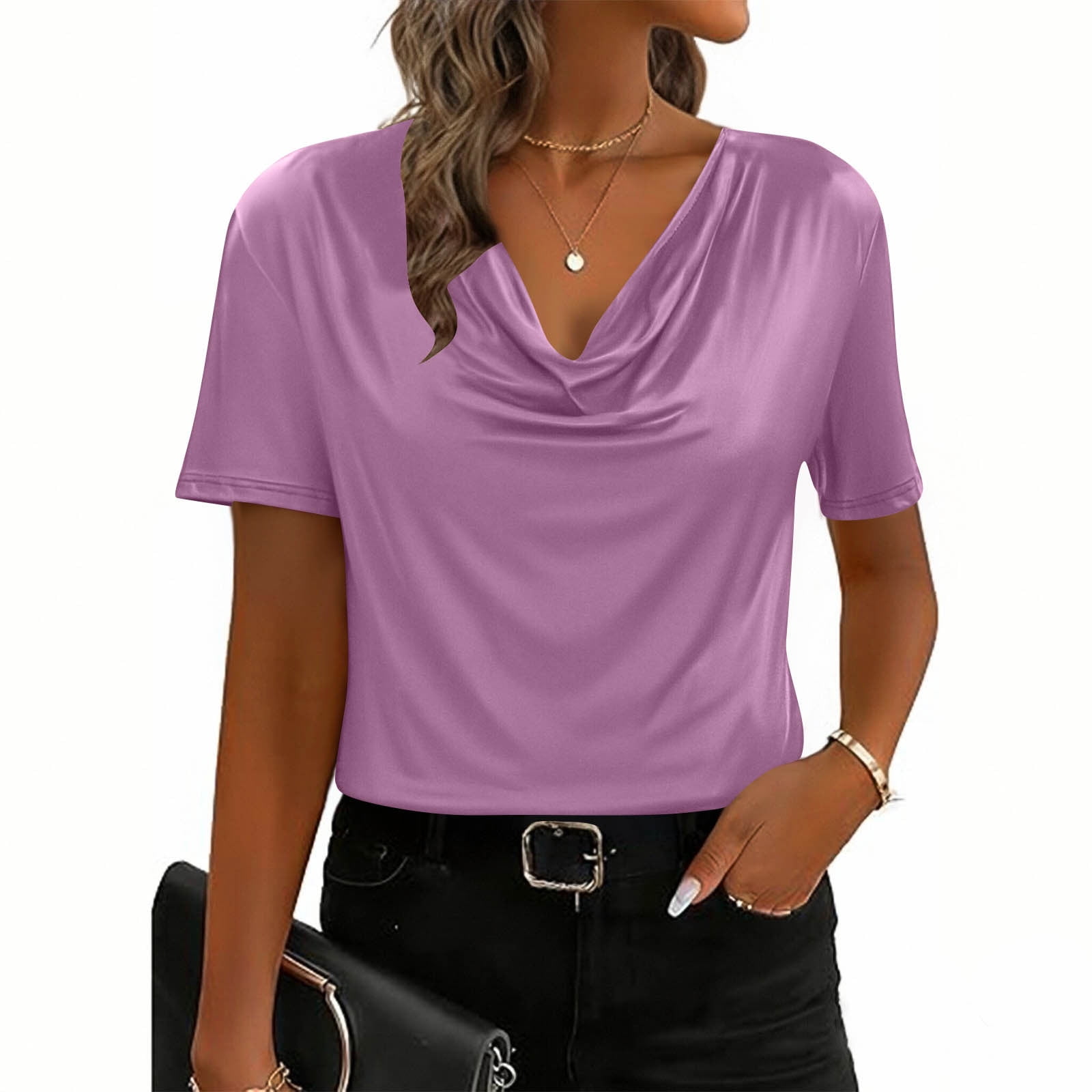 ClodeEU Womens's Satin Cowl Neck Summer Short Sleeve T Shirt,Trendy ...