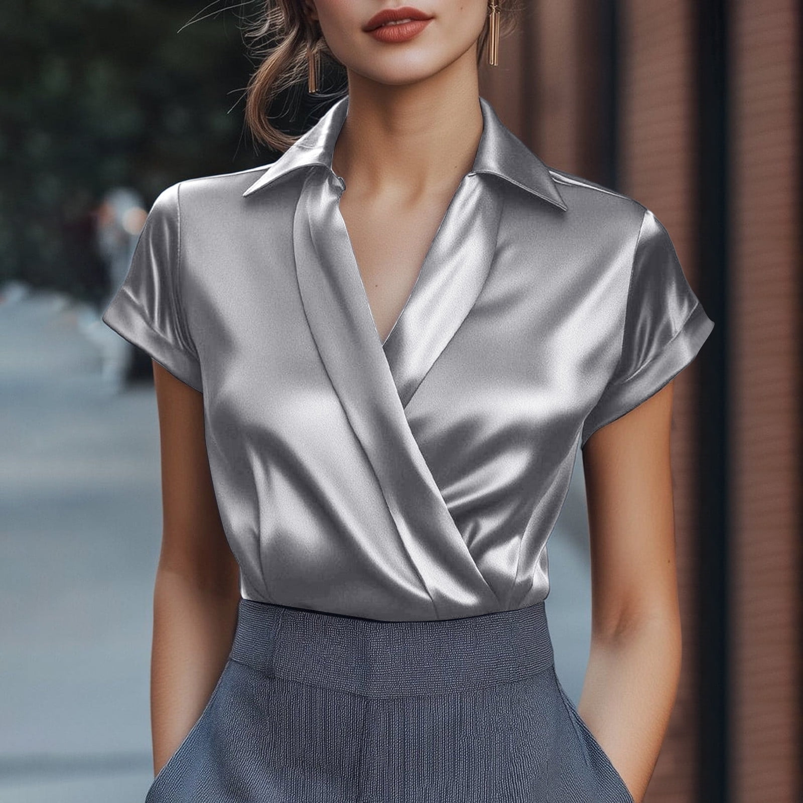 ClodeEU Womens's Satin V Neck Short Sleeve Blouse,Fit Office Shirt for Work Gray,Womens Plus M ...