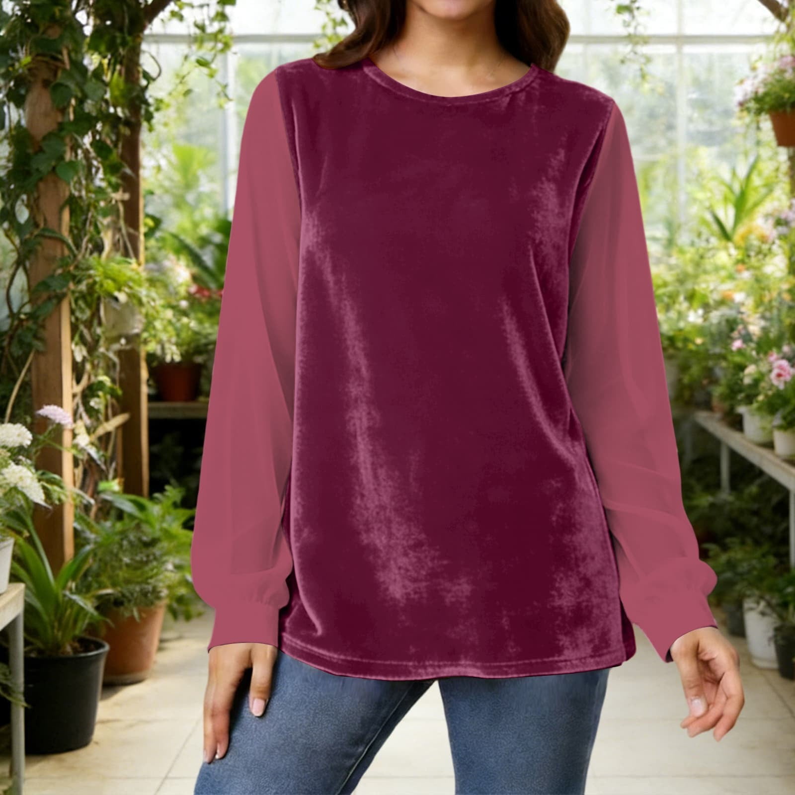 ClodeEU Womens's Velvet Chiffon Round Neck Long Sleeve Blouse,Casual ...