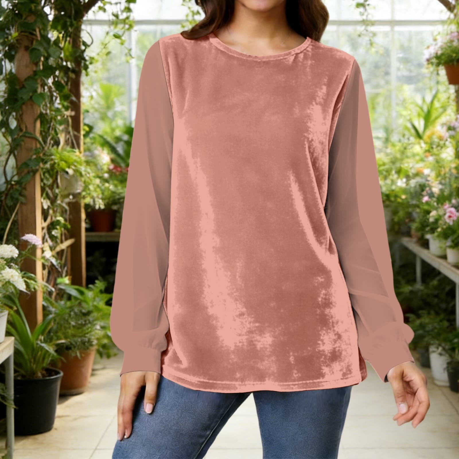ClodeEU Womens's Velvet Chiffon Round Neck Long Sleeve Blouse,Casual ...