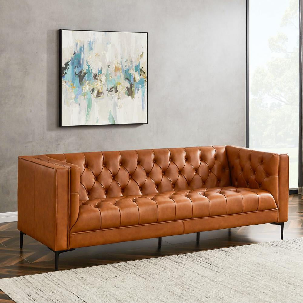 Clodine Chesterfield Mid Century Modern Tufted Leather Sofa Couch for Living Room, Cognac Tan ...