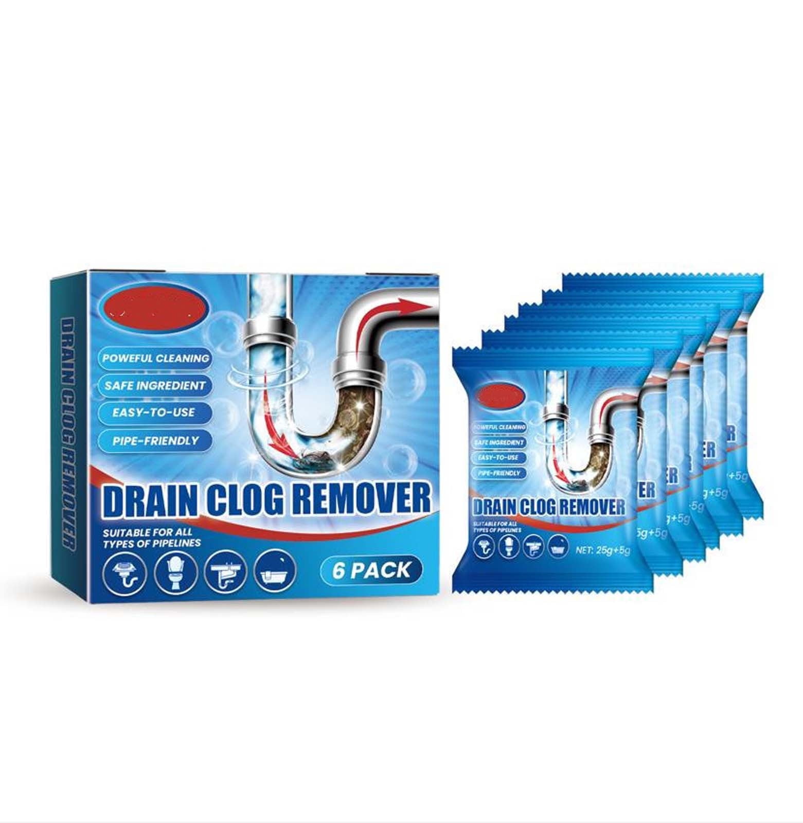 Clog Remover Pre Measured Drain Cleaner Powder 6 Pack,Fast Acting Hair ...