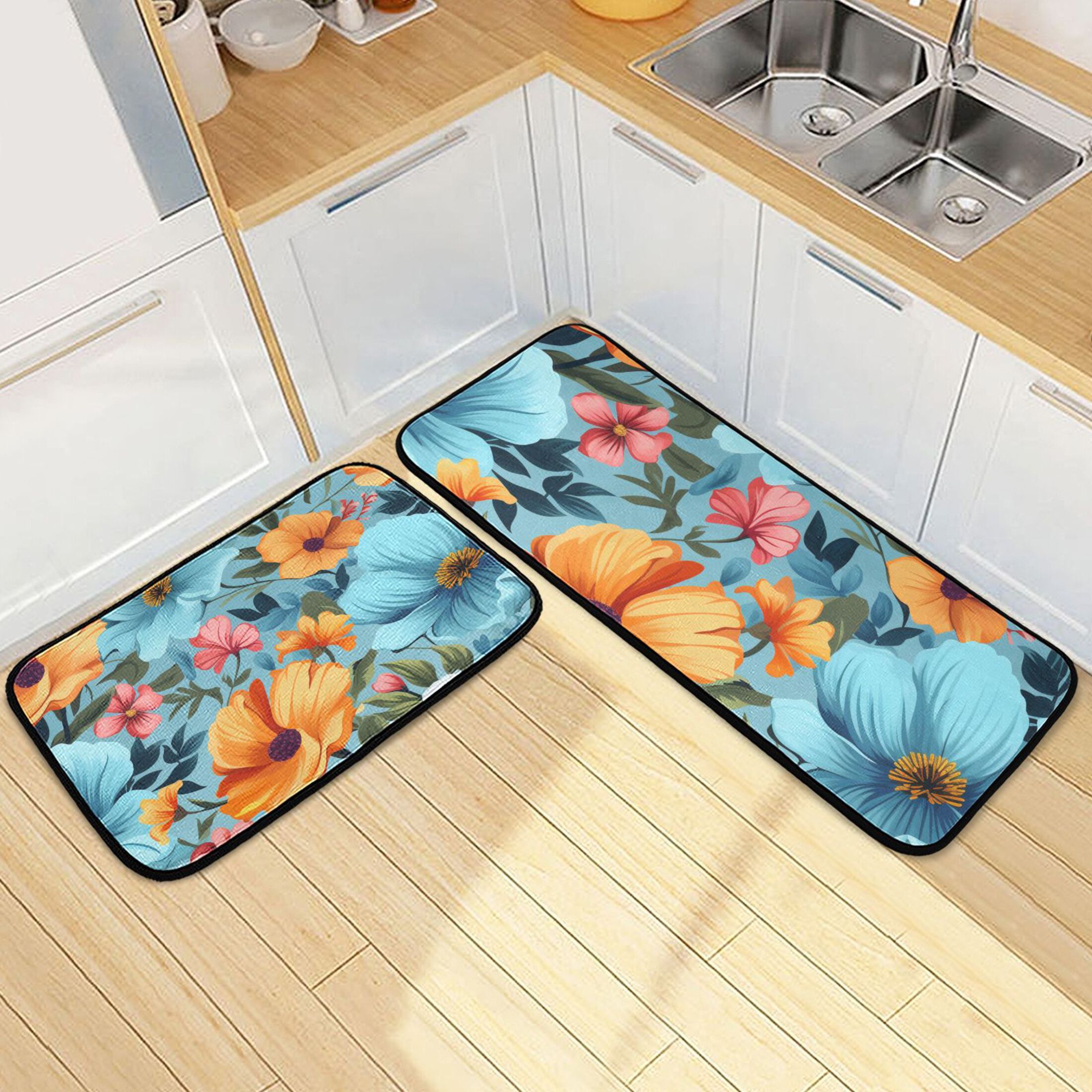 Clorful Beautiful Floral Kitchen Rugs Set of 2 Non Slip Floor Foam Mat ...