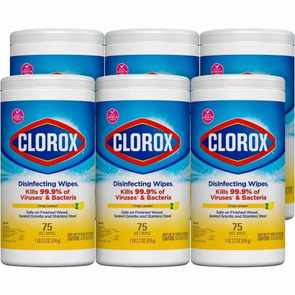Clorox Disinfecting Wipes, 1-Ply, 7 x 7.75, Crisp Lemon, White, 75 ...