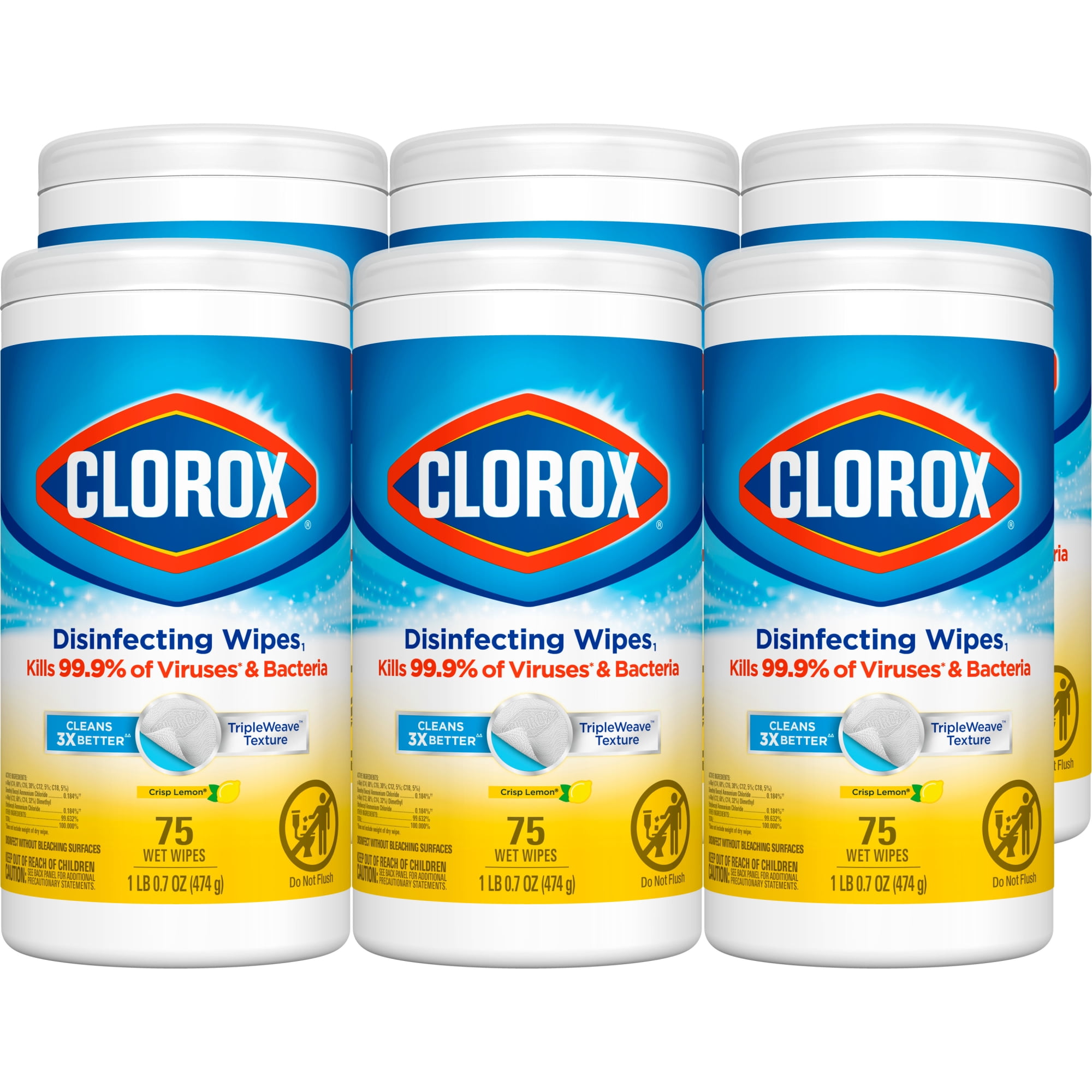 Clorox Disinfecting Wipes, Crisp Lemon Scent, 75 Count, Pack of 6 ...