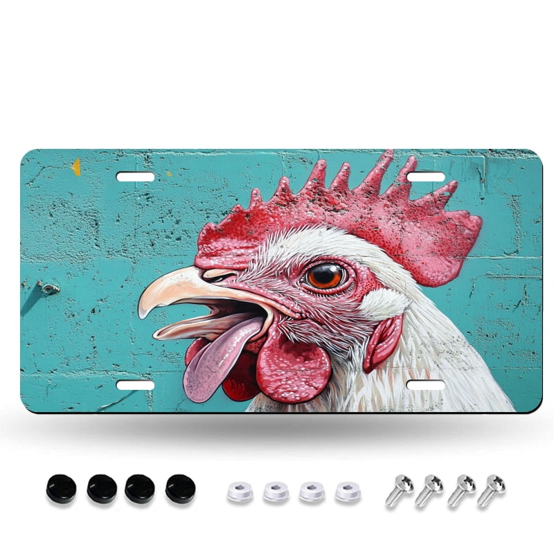 Close-Up of Pink and White Chicken With Large Tongue License Plate ...