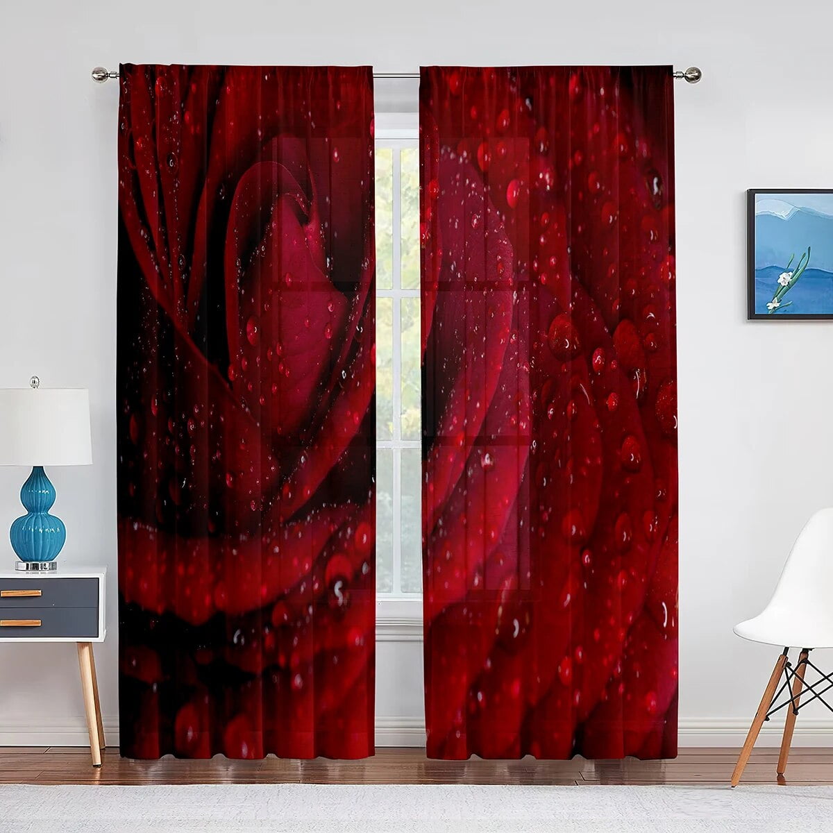 Close-up Red Rose Blooming Sheer Window Curtains for Bedroom Living ...