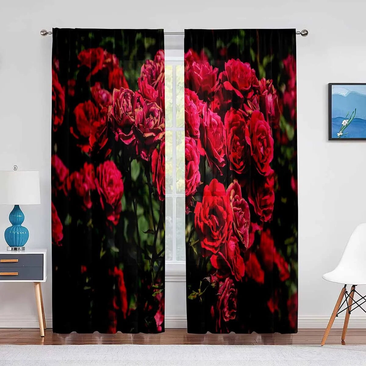 Close-up Red Rose Blooming Sheer Window Curtains for Bedroom Living ...
