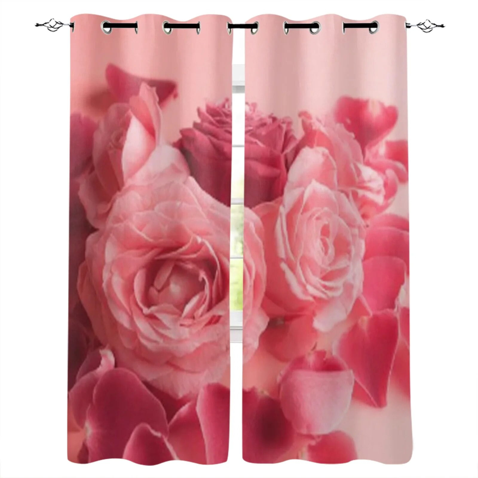Close-up Romantic Pink Rose Buds Curtains for Bedroom Window Curtain ...