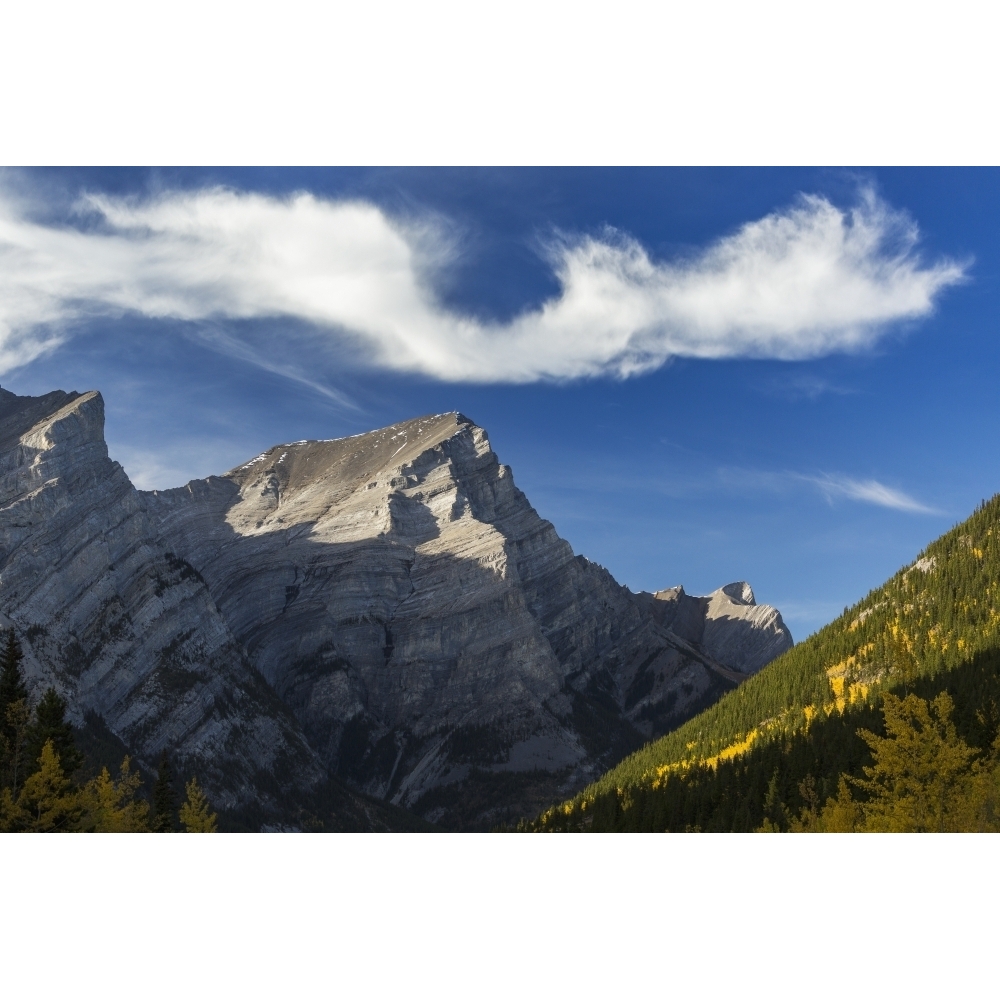 Close up of mountain peak lit by the sun in an alpine valley with ...