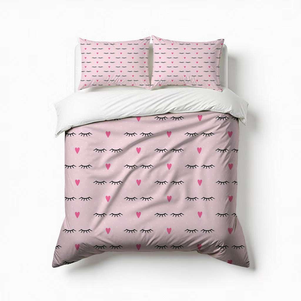 Closed Eyes And Pink Hearts Bedding Set 3 Pcs Soft Microfiber Quilt ...