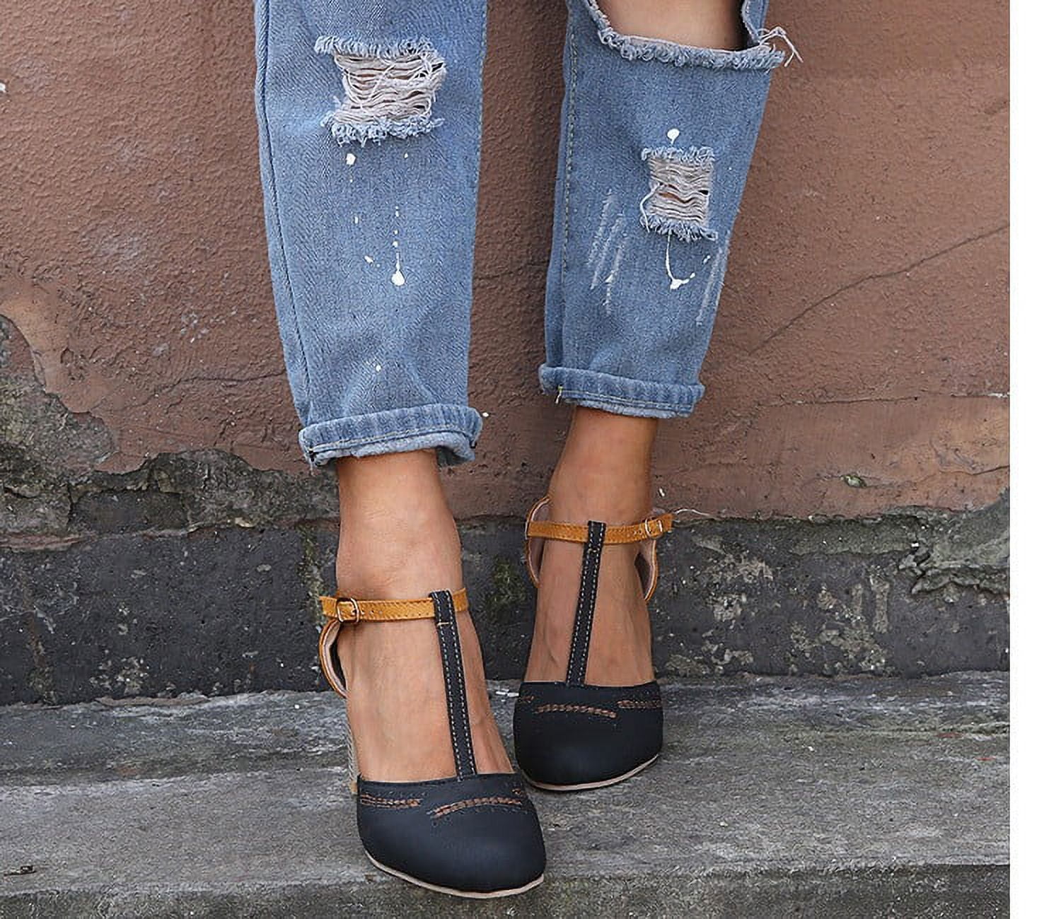 Closed Toe Ankle Strap Wedding Dress Shoes Womens T-Strap Chunky Block ...