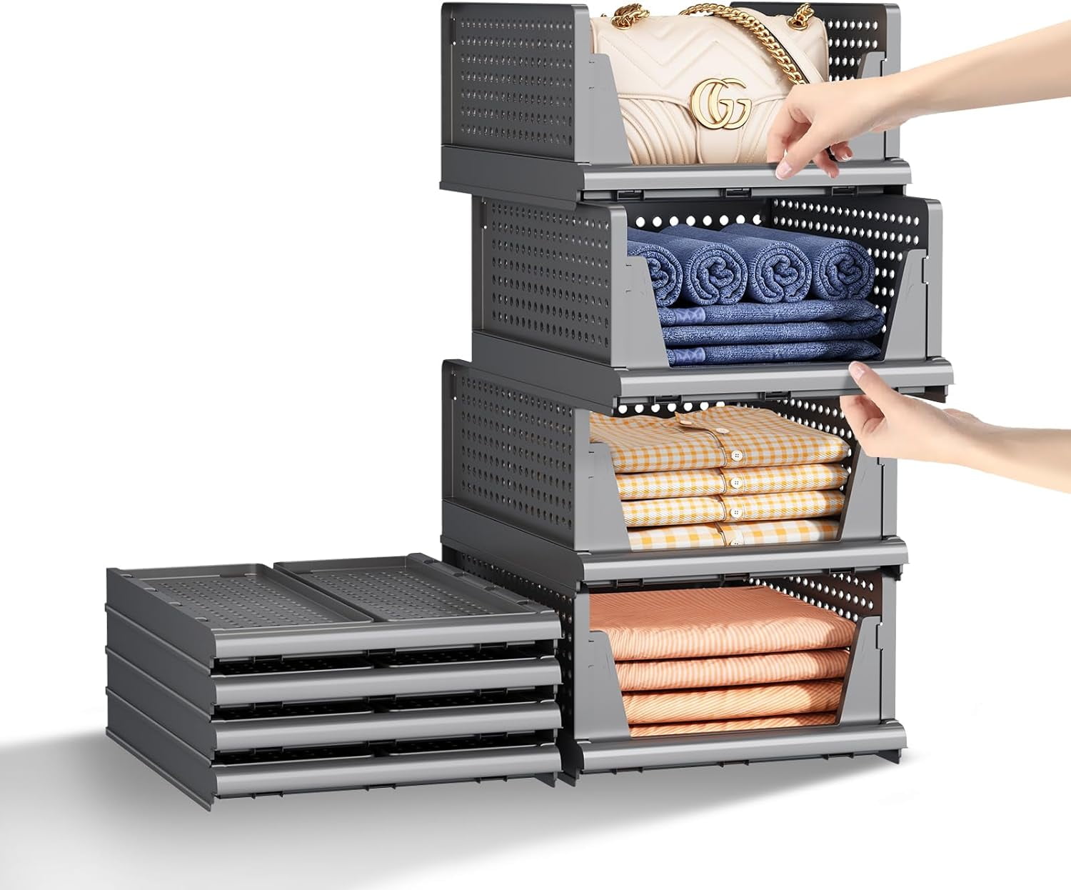 Closet Organizers and Storage, 4 Packs Stackable Plastic Storage Basket ...