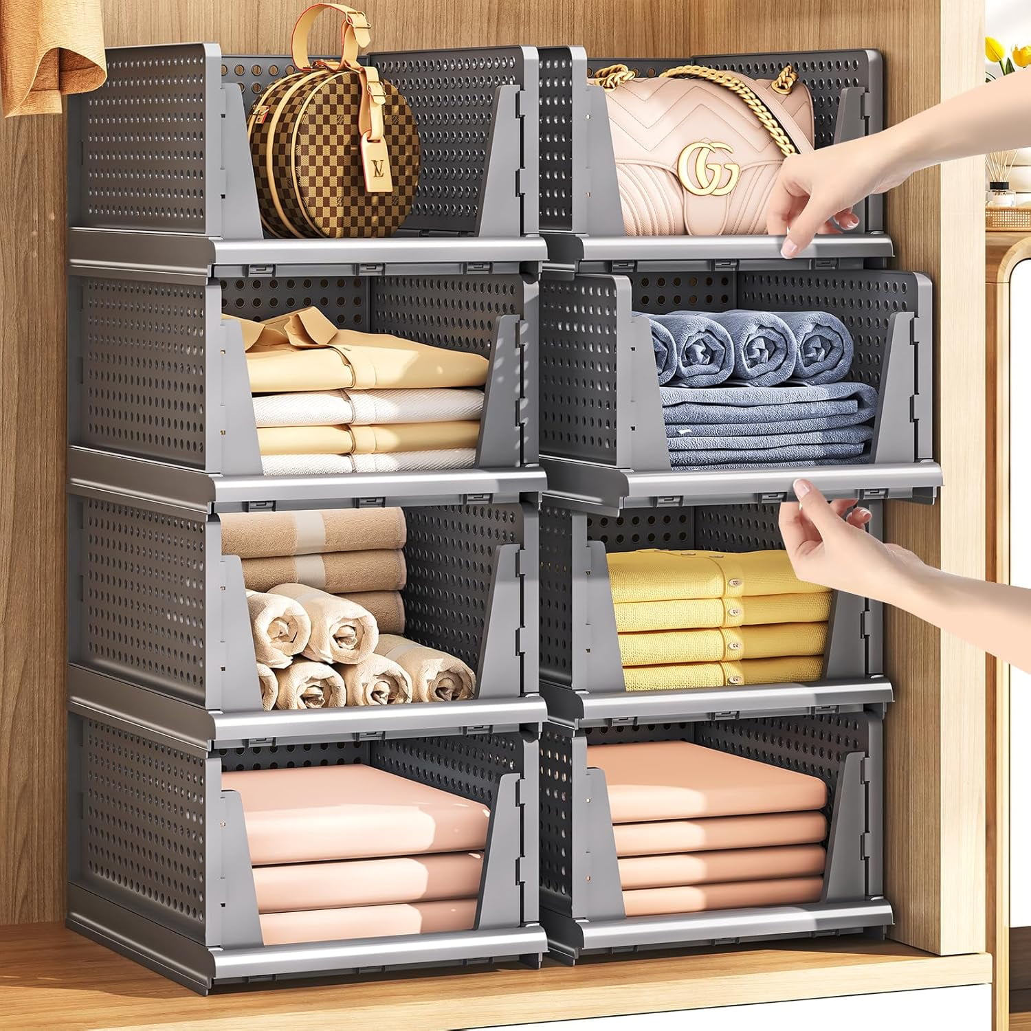 Closet Organizers and Storage, 5 Packs Stackable Plastic Storage Basket ...