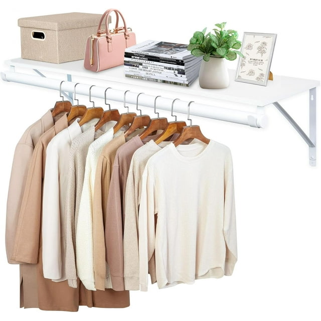Closet Shelf with Hanging Rod, 47.2in Wall Mounted Clothes Rack with ...