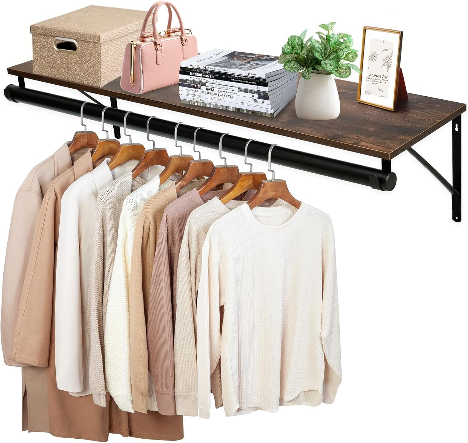 Closet Shelf with Hanging Rod, 47.2in Wall Mounted Clothes Rack with ...