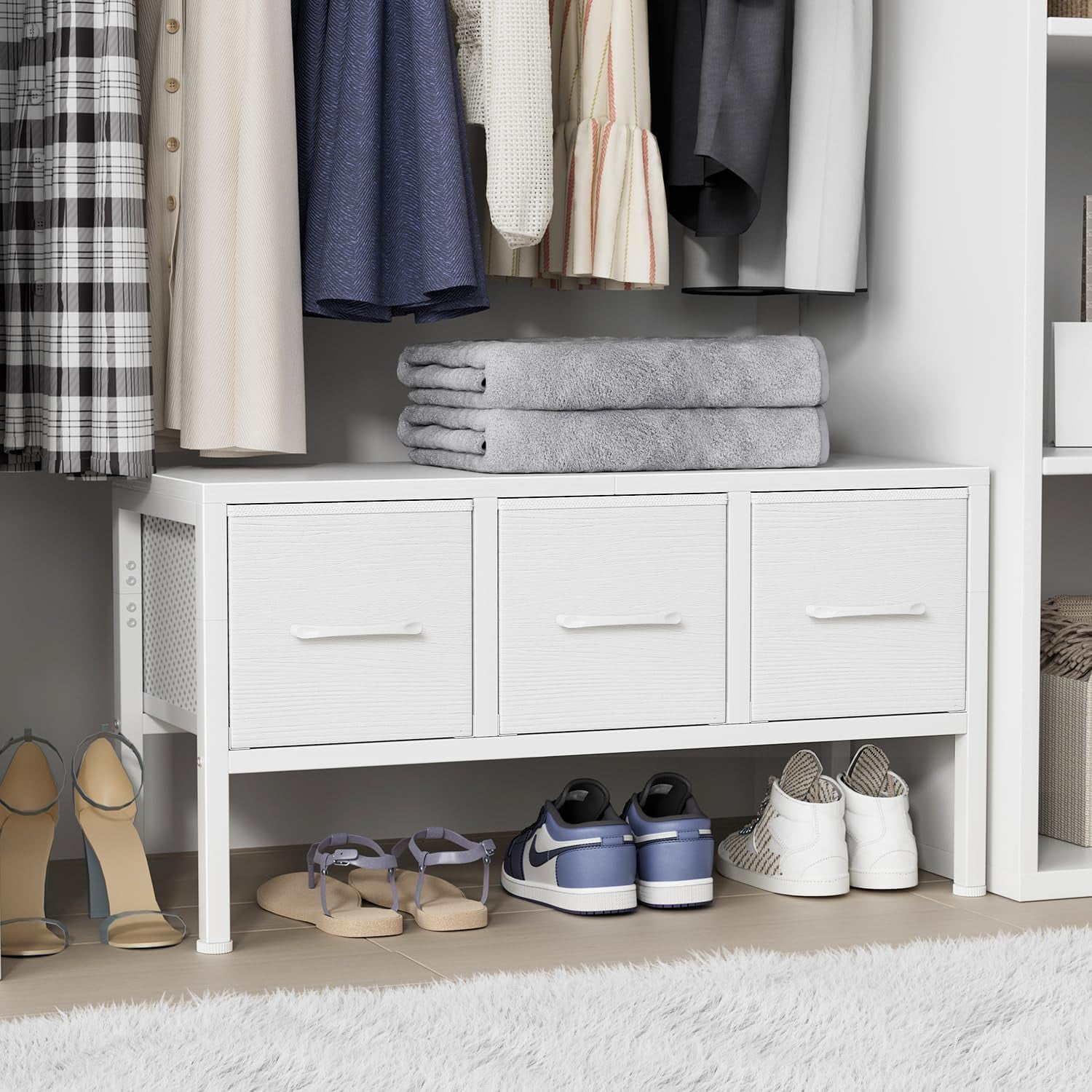Closet Storage with 3 Fabric Drawers Small White Dresser for Closet ...