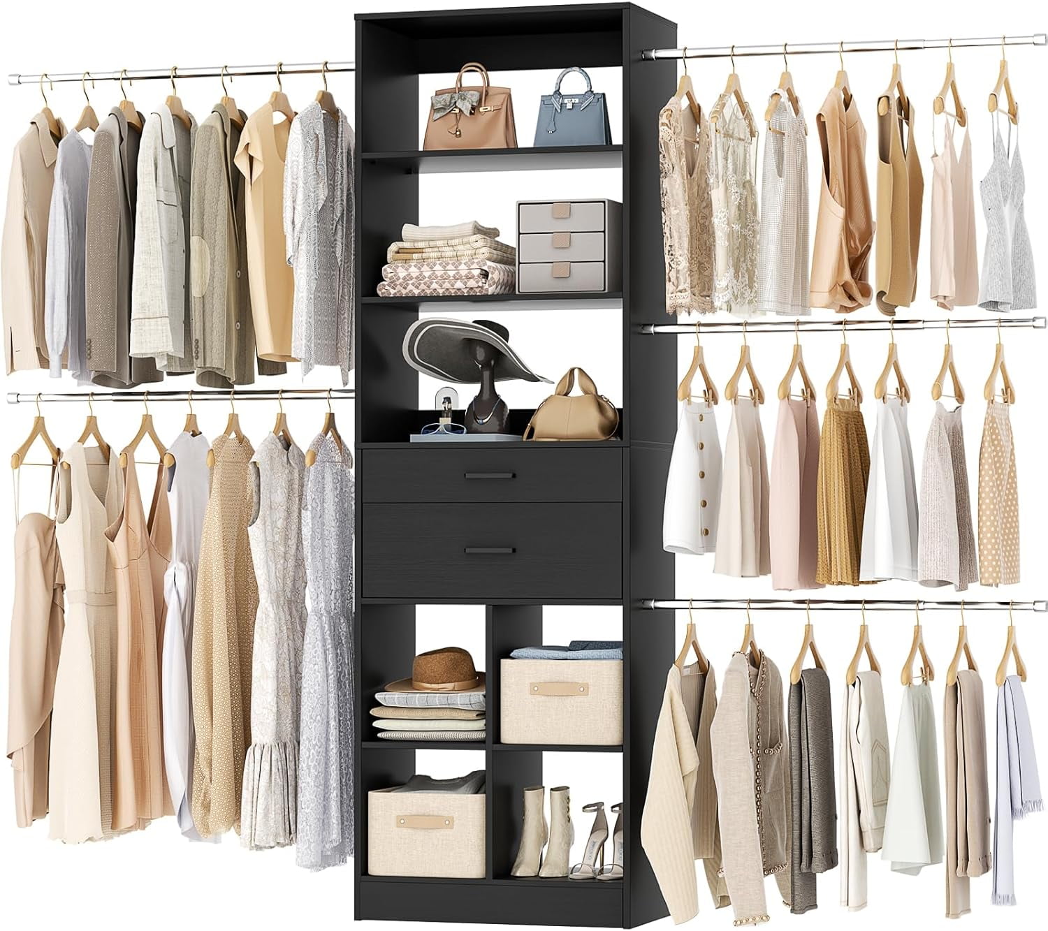 Closet System, 4-8 FT Closet Organizer Tower with 2 Wooden Drawers and Shelves, Can Fit 60 to 96 ...